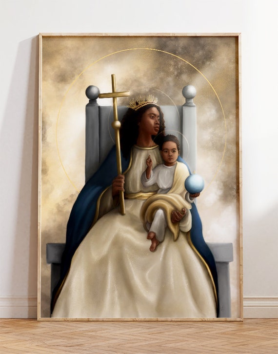 Our Lady Queen Of Heaven Art Print Mary Art Print Black Etsy