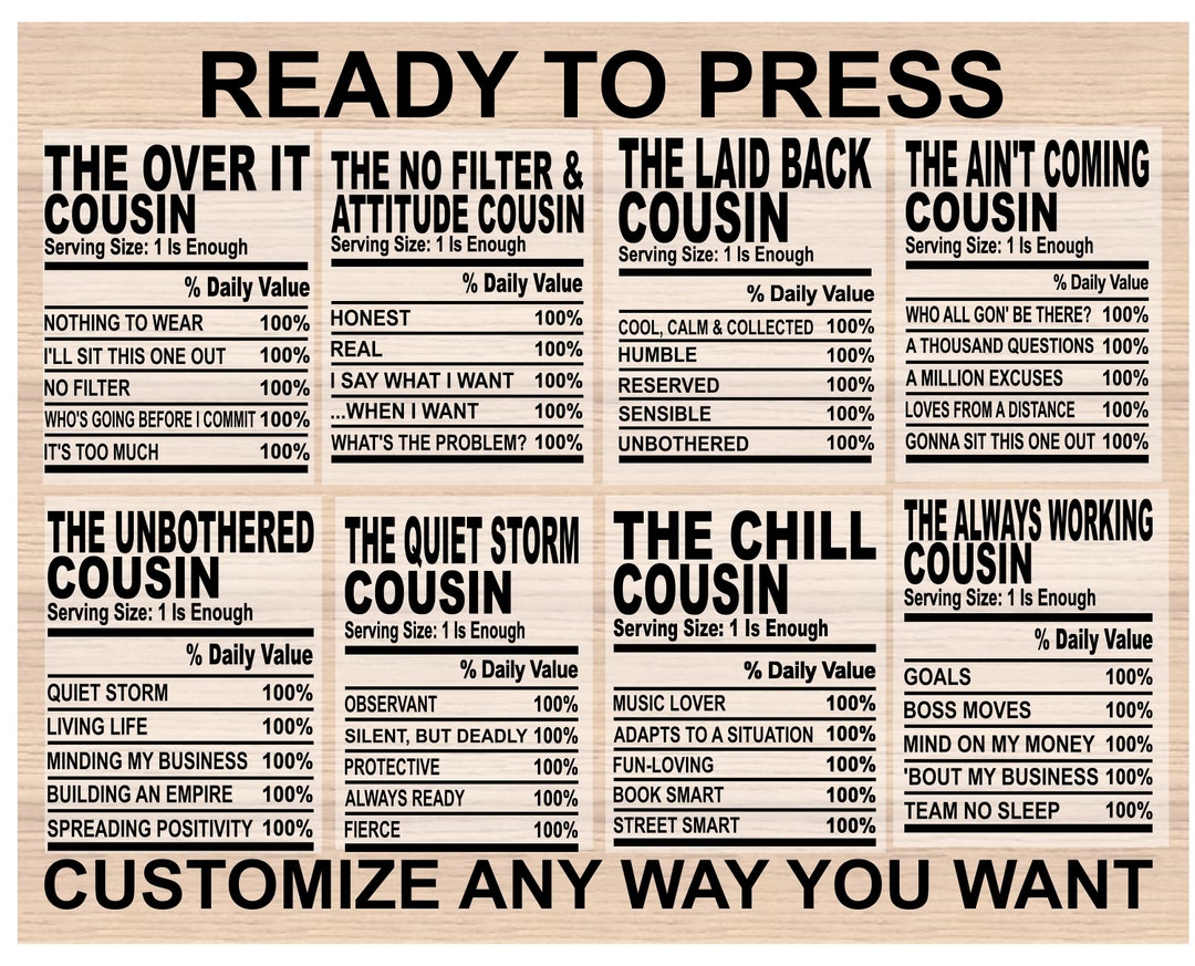 Cousin Nutrition Facts DTF Transfer, Ready to Press - Etsy