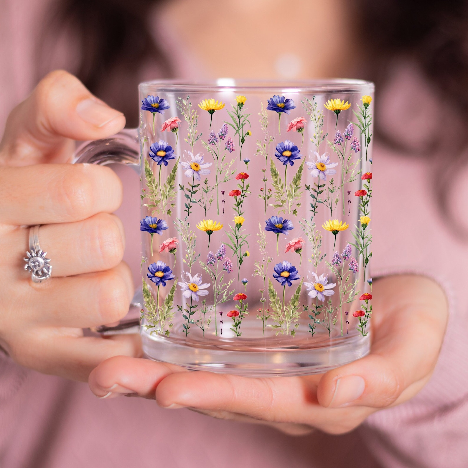 Wildflowers Mug, Glass Mug, Pink Colored Mug, 11oz and 15oz Mug,pressed ...