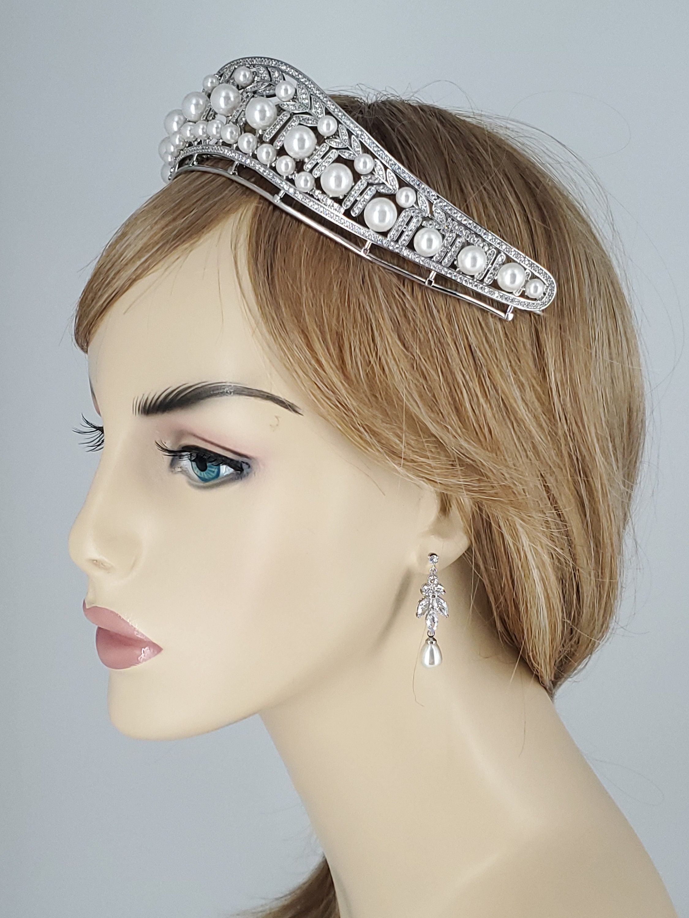 Full Size Pearl & Crystal Leaf Silver Kokoshnik, Vintage Inspired CZ ...
