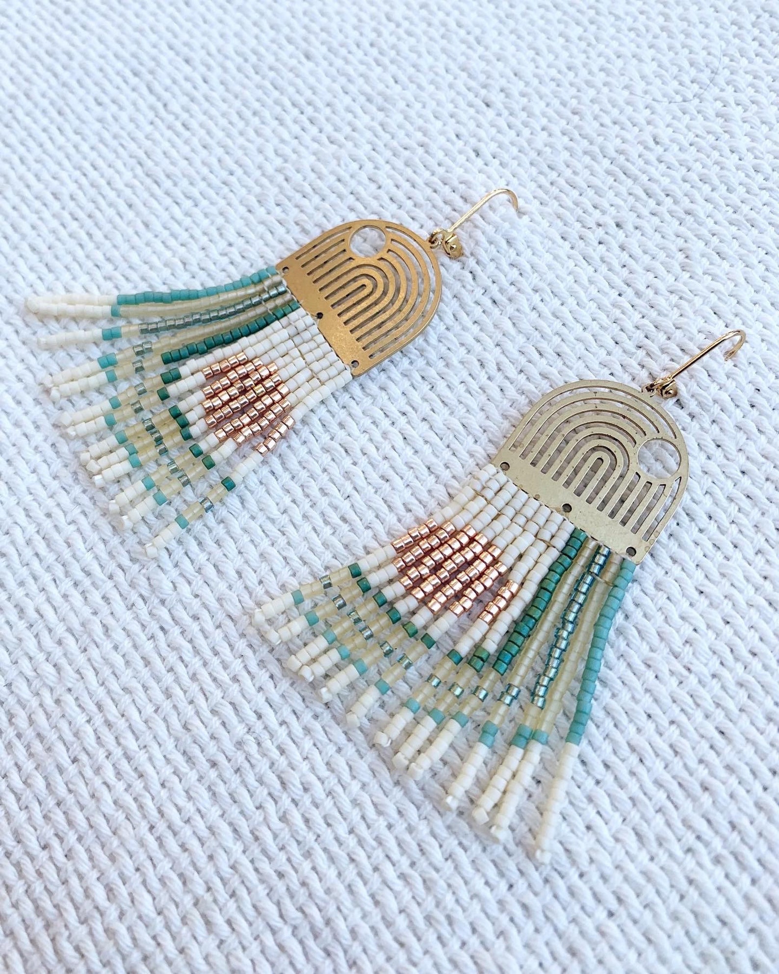 Geometric Abstract Beaded Fringe Earrings Semicircle Dangle - Etsy