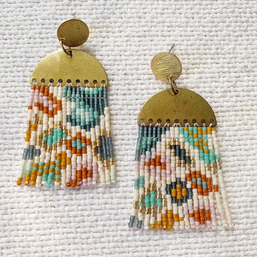 Modern Abstract Beaded Fringe and Brass Dangle Studs. Beaded Statement ...