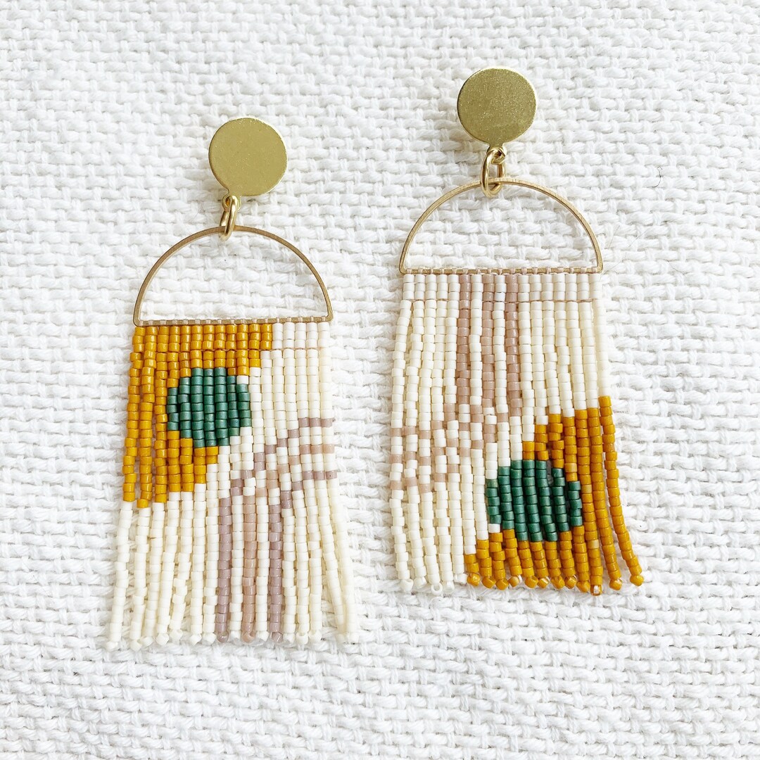 Abstract Geometric Beaded Fringe Earrings, Semicircle Dangle Stud ...