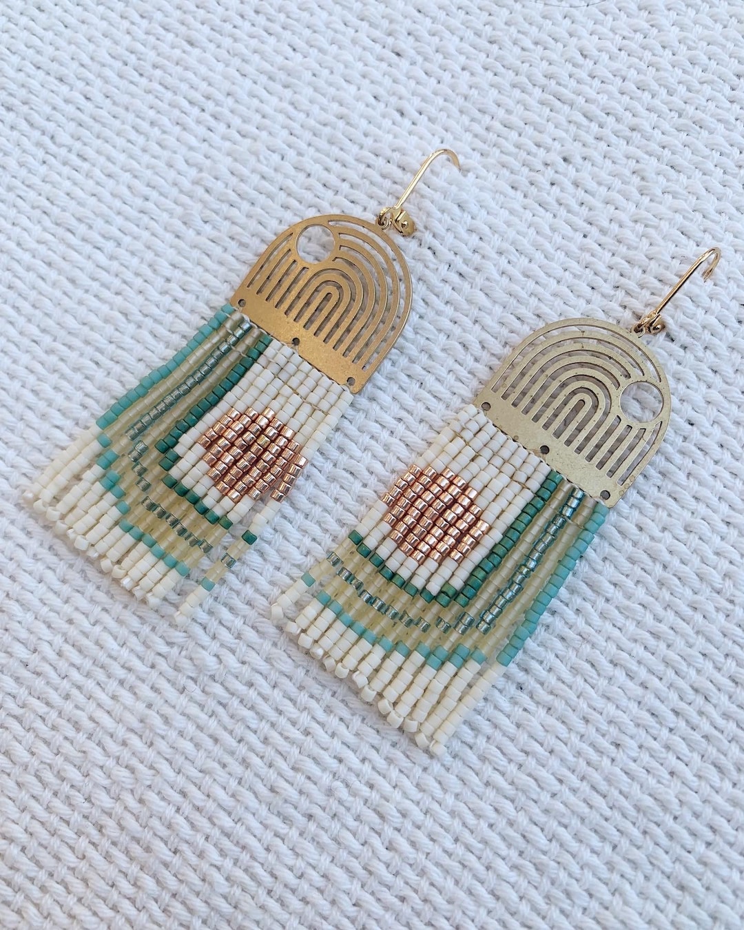 Geometric Abstract Beaded Fringe Earrings, Semicircle Dangle Beaded ...