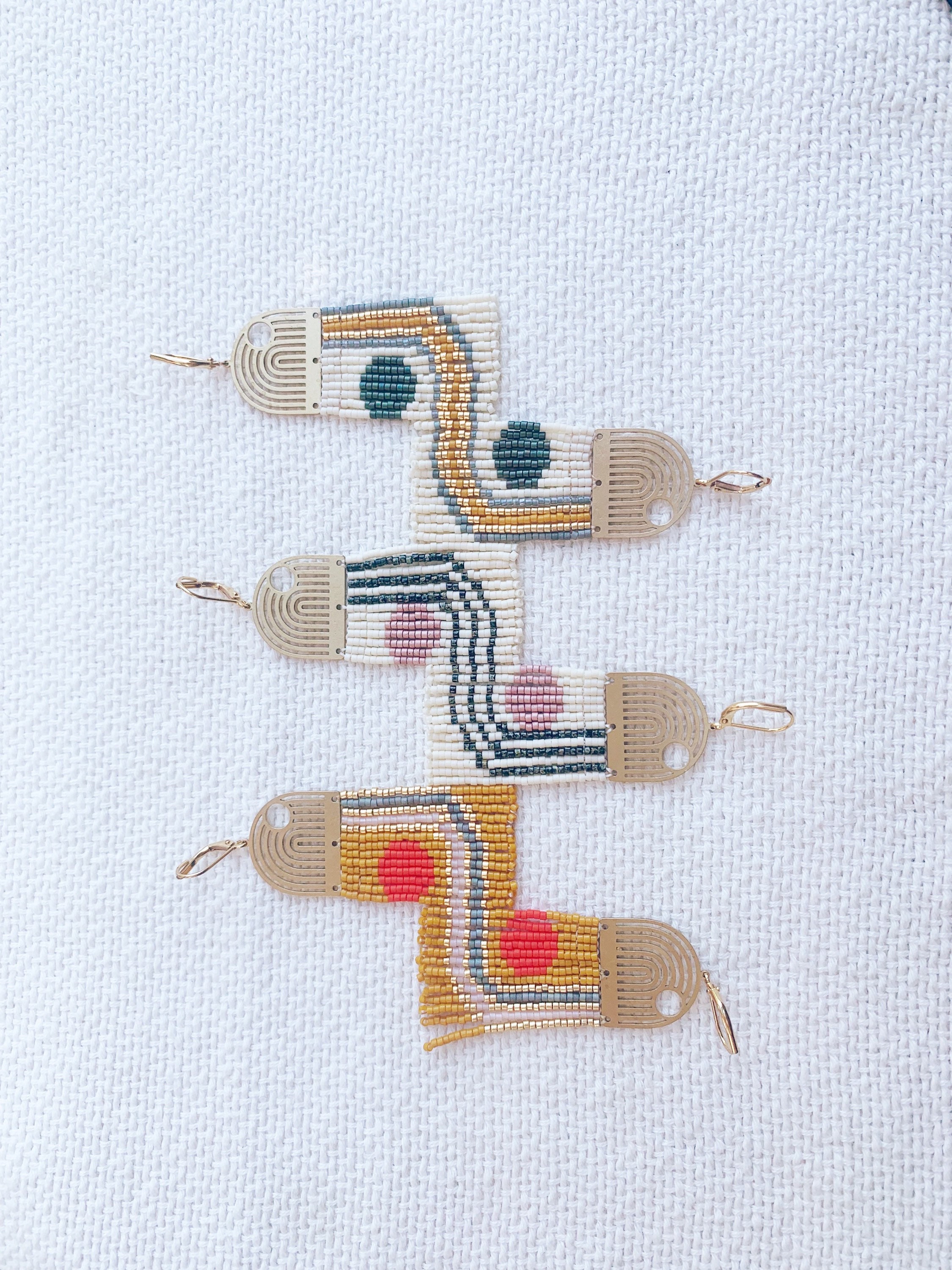 Geometric Abstract Beaded Fringe Earrings, Semicircle Dangle Beaded ...