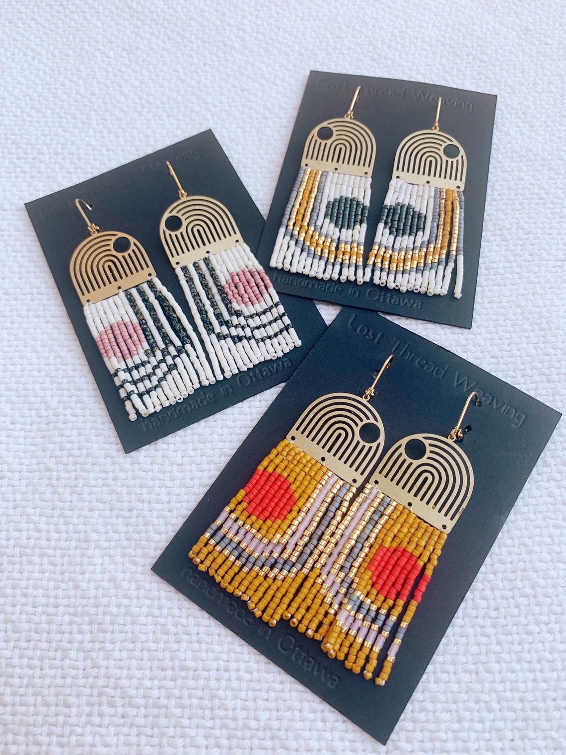 Geometric Abstract Beaded Fringe Earrings, Semicircle Dangle Beaded ...
