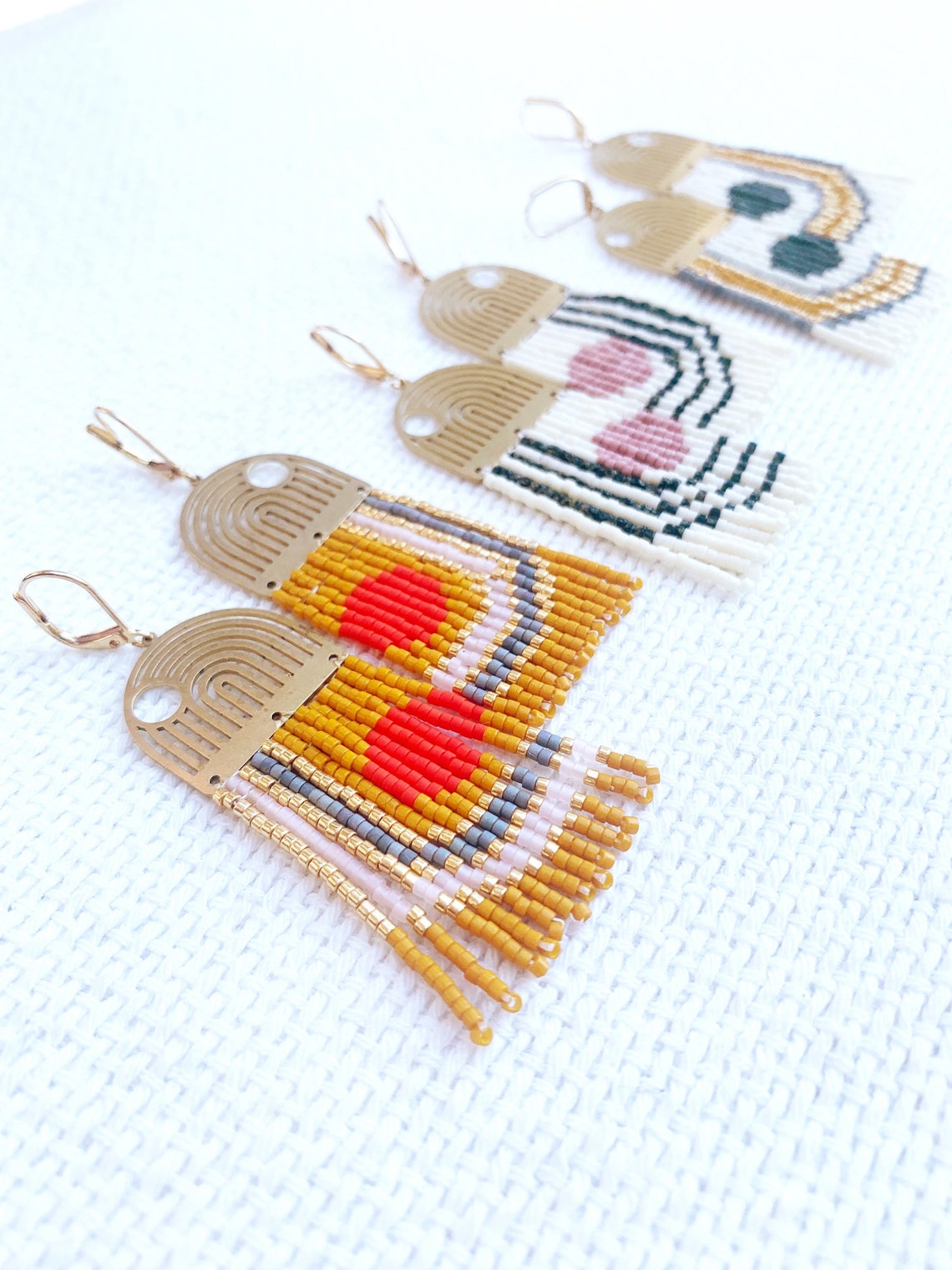 Geometric Abstract Beaded Fringe Earrings, Semicircle Dangle Beaded ...