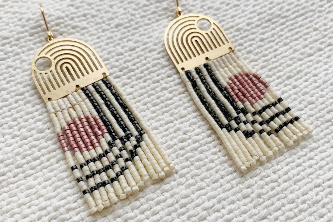 Abstract Geometric Beaded Fringe Earrings, Semicircle Dangle Beaded ...