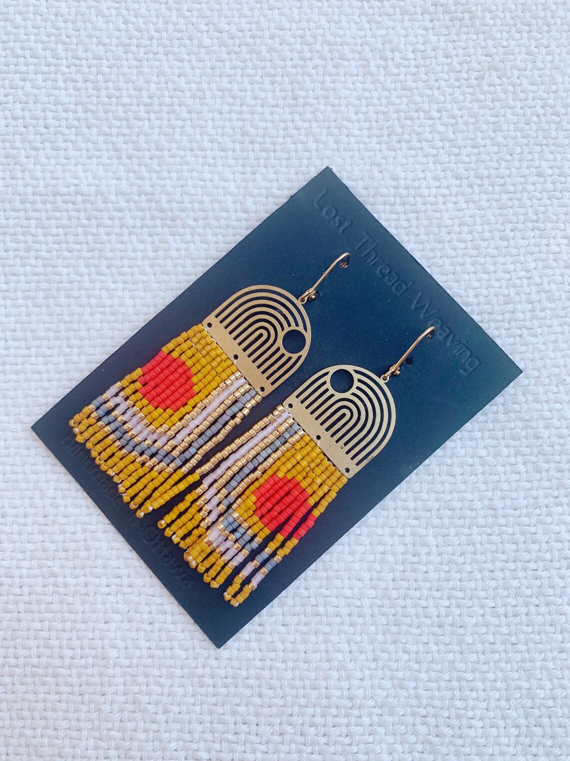 Geometric Abstract Beaded Fringe Earrings, Semicircle Dangle Beaded ...