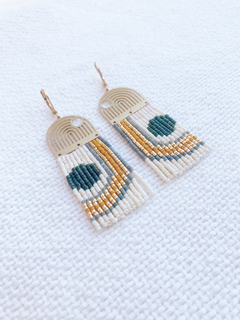 Geometric Abstract Beaded Fringe Earrings, Semicircle Dangle Beaded ...