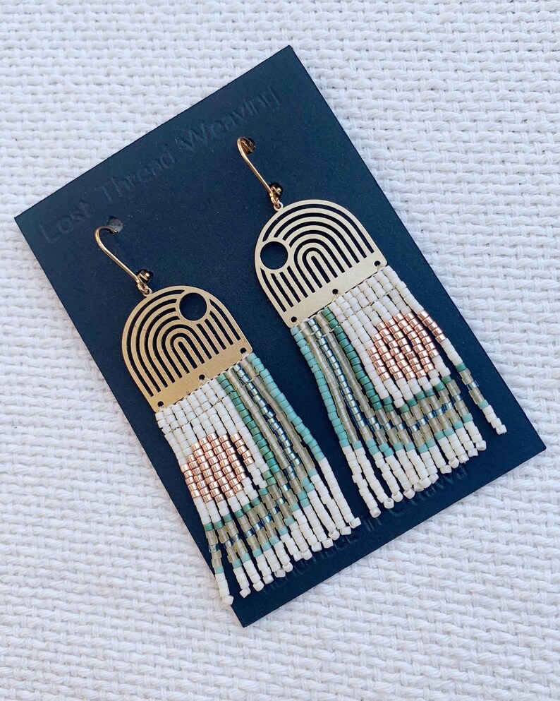 Geometric Abstract Beaded Fringe Earrings Semicircle Dangle - Etsy