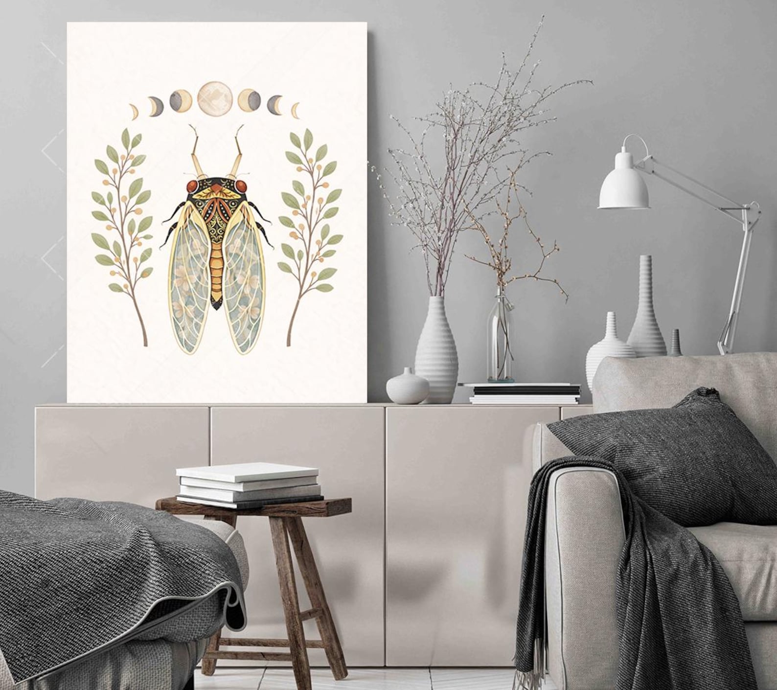Cicada Botanical Print Moon Phase Art Nature-inspired Minimalist Home ...