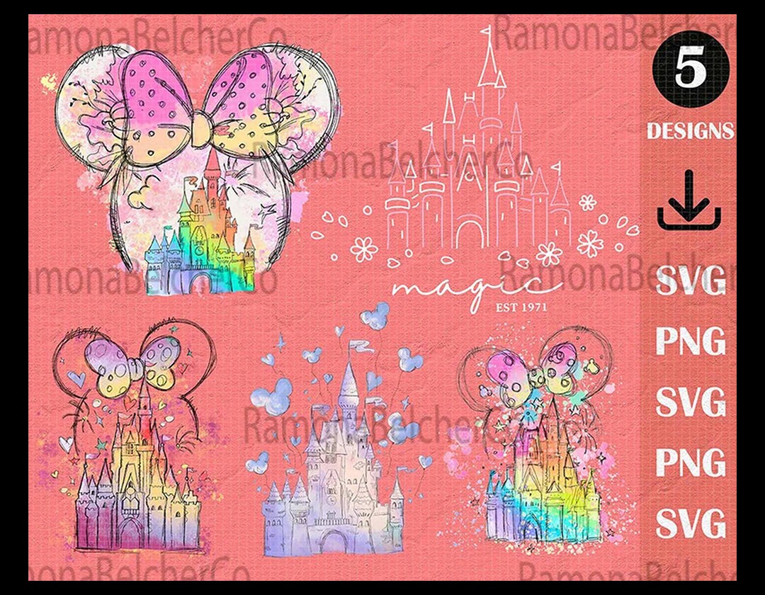 Bundle Watercolor Castle Png, Mouse Ear Castle Png, Retro Colorful ...