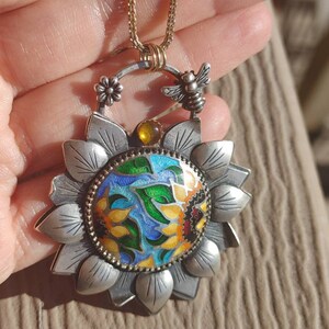 Handmade Enamel Cloisonne Pendant, Champleve Enamel Necklace, Sunflower ...