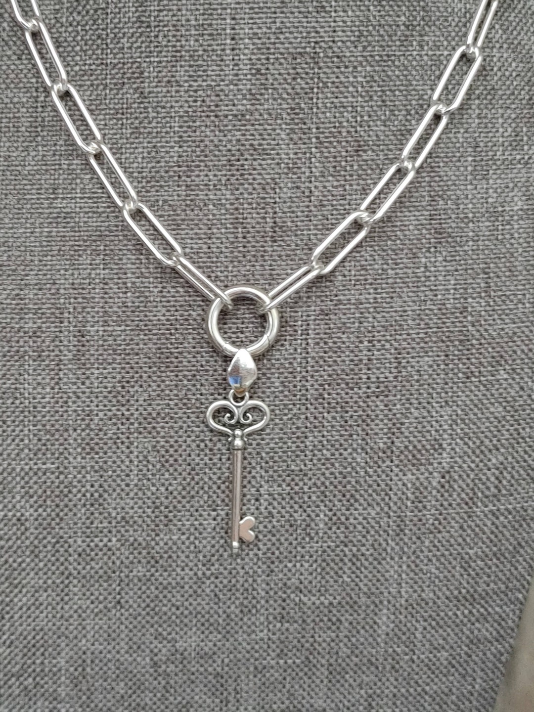 Solid 925 Sterling Silver Paperclip Necklace With Round Push Clasp