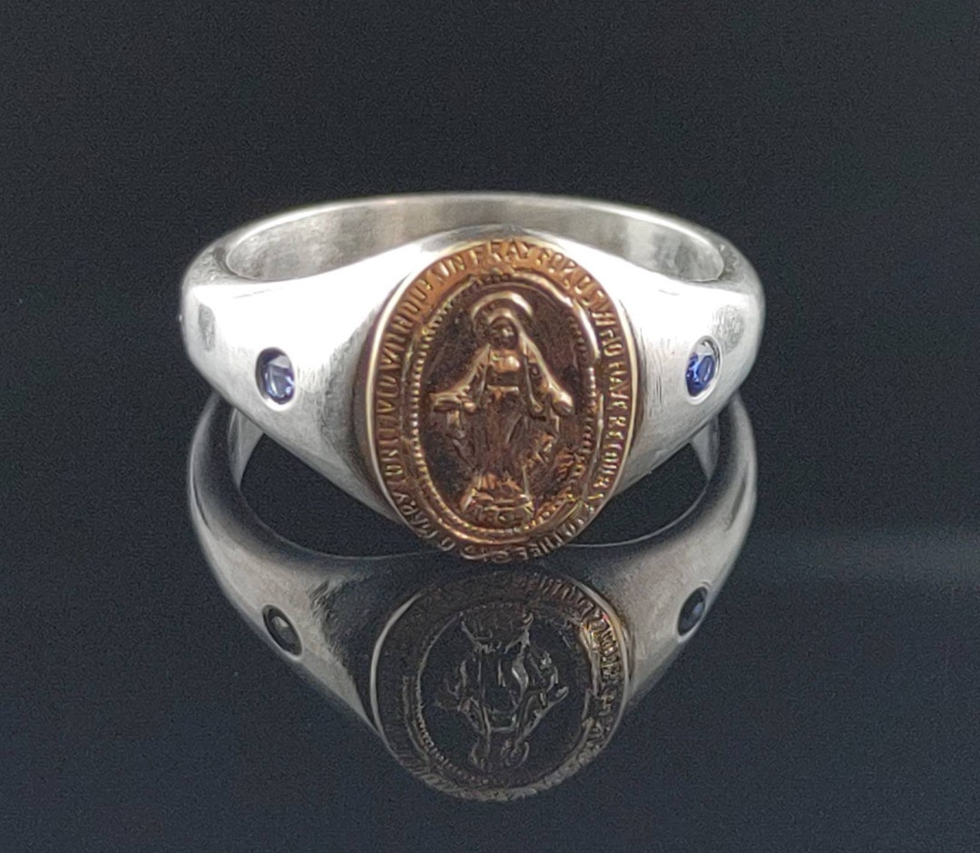 Miraculous Medal Ring, Virgin Mary Sterling Silver Ring, Sapphire Ring ...