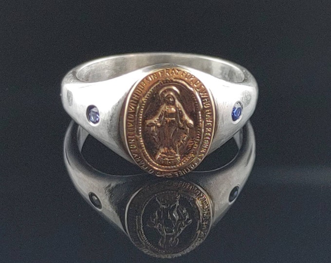 Miraculous Medal Ring, Virgin Mary Sterling Silver Ring, Sapphire Ring ...