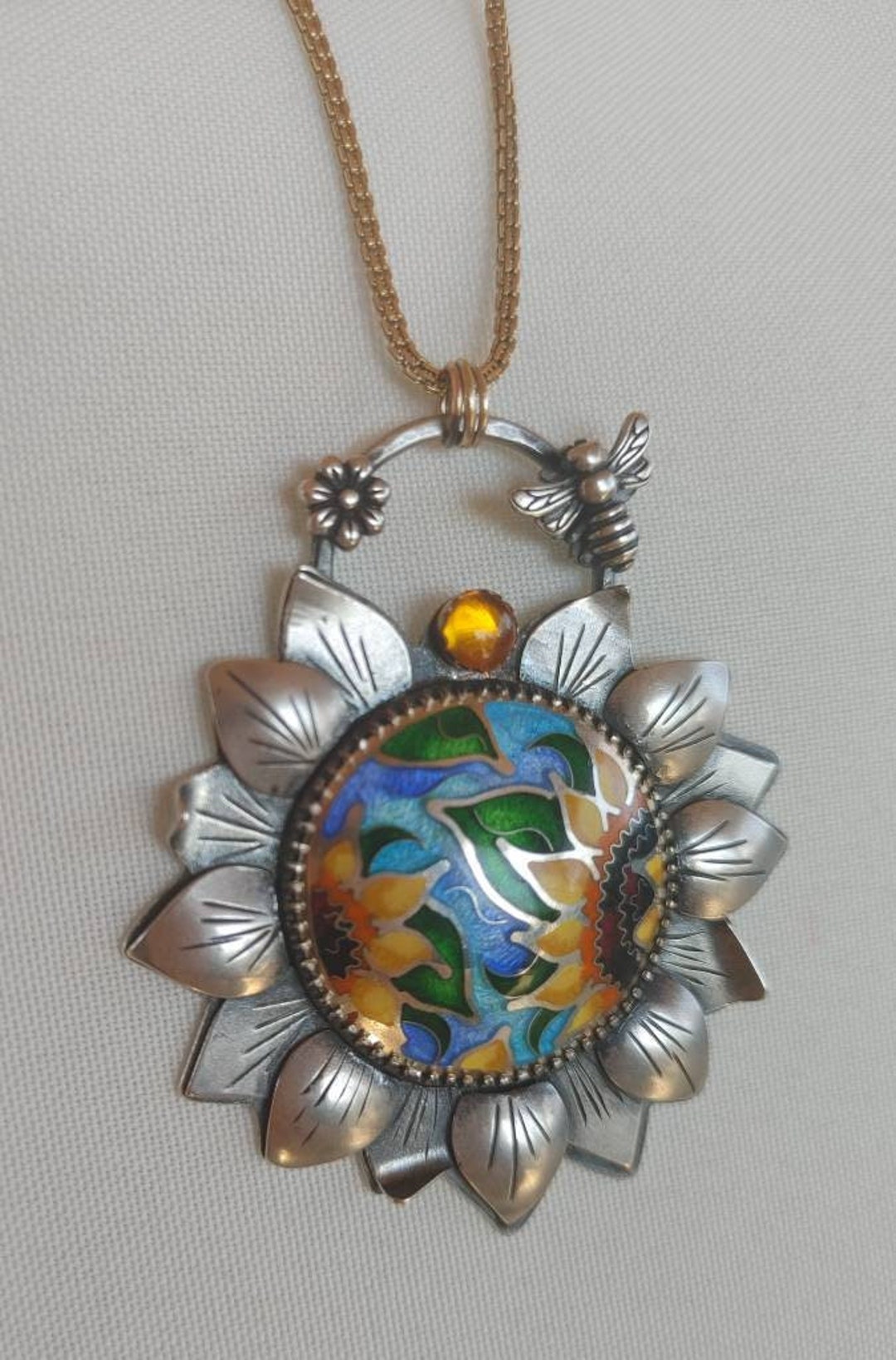 Handmade Enamel Cloisonne Pendant, Champleve Enamel Necklace, Sunflower ...