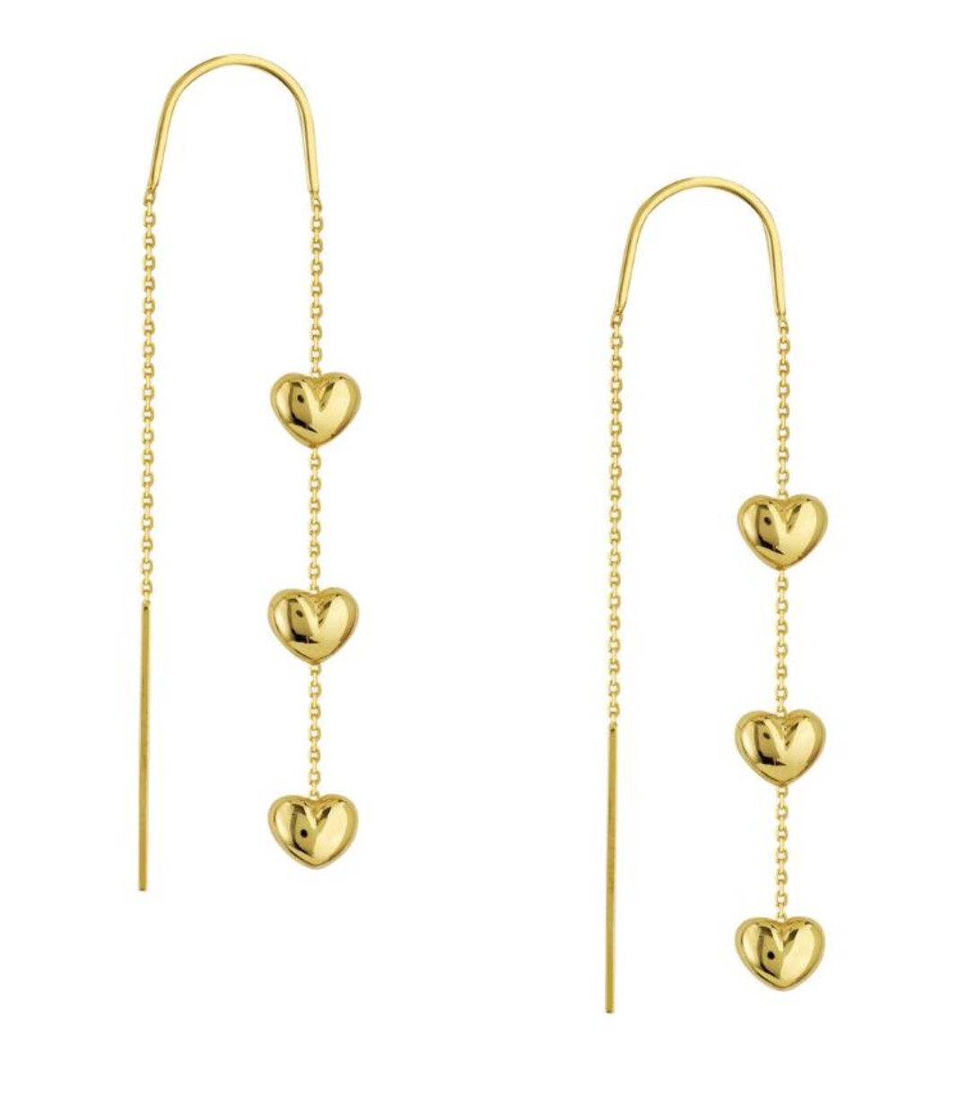 14K Gold Threader Earrings/heart Earrings - Etsy