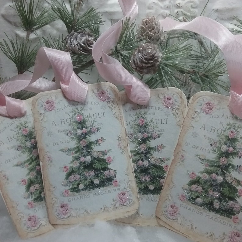 French Shabby Chic Christmas Gift Tags, Pink Roses, Glittered, Set of ...
