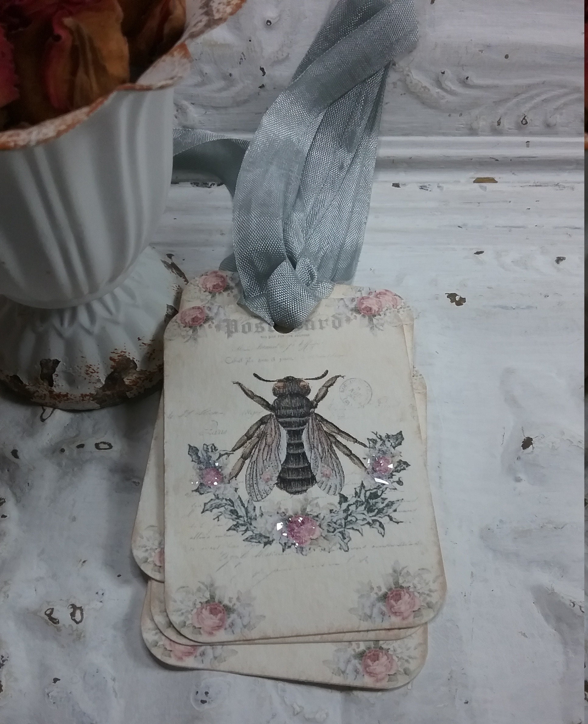 French Chic Glittered Tags, Provincial Bee Gift Tags, French Country ...