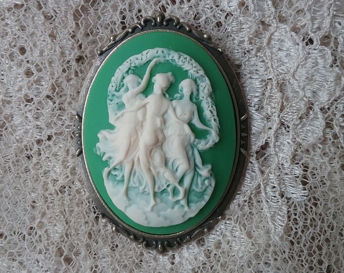 Green Cameo Brooch, Three Muses Cameo Brooch, Vintage Style Cameo Pin ...
