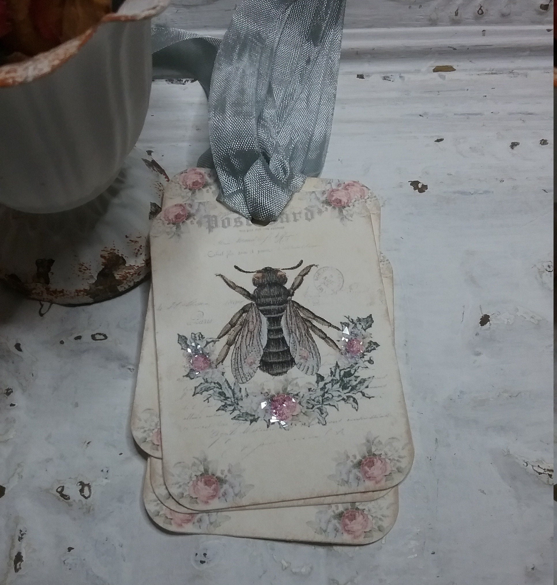 French Chic Glittered Tags, Provincial Bee Gift Tags, French Country ...