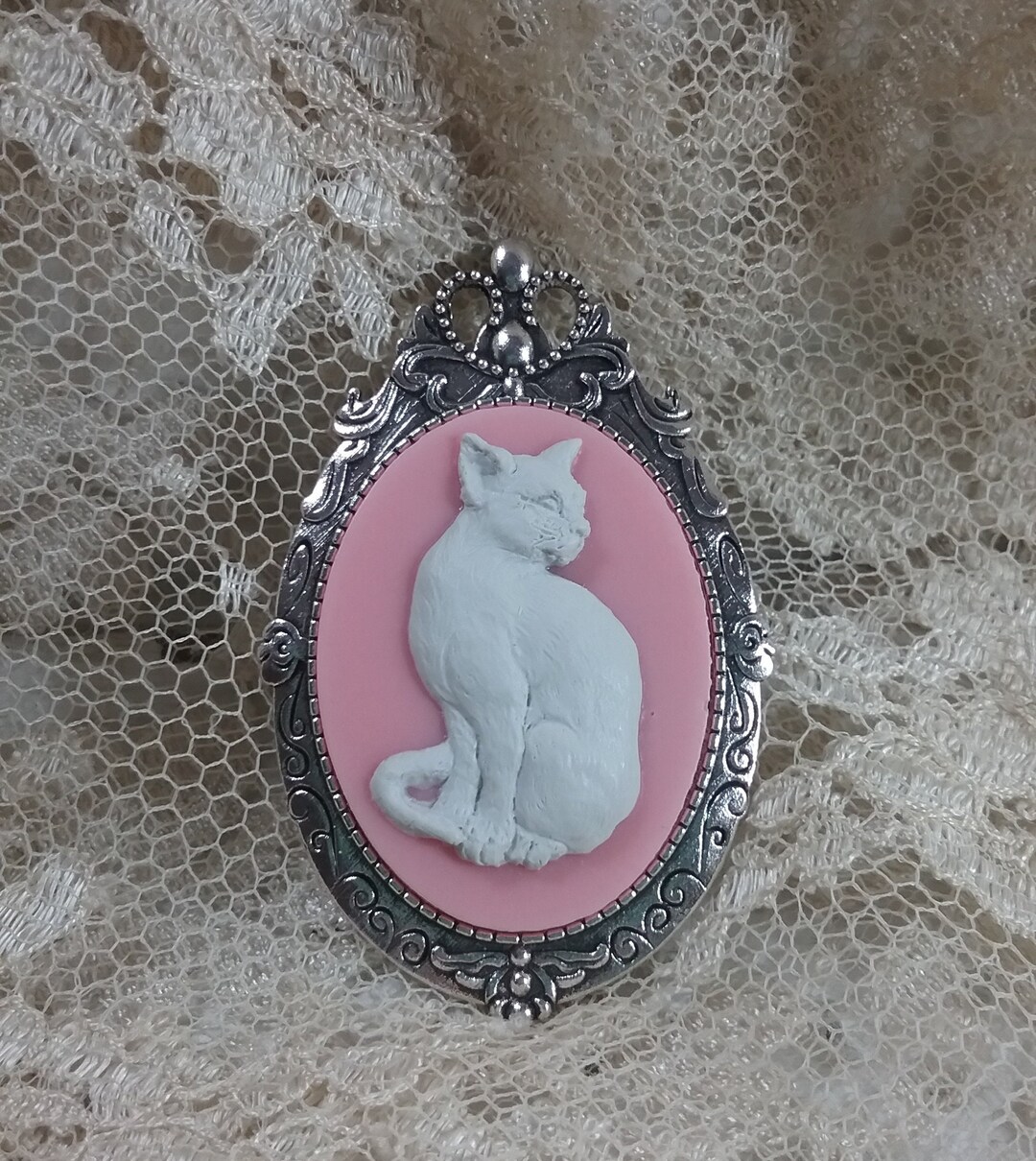 Victorian Kitty Cat Brooch Pink and White Cat Cameo Brooch Vintage ...