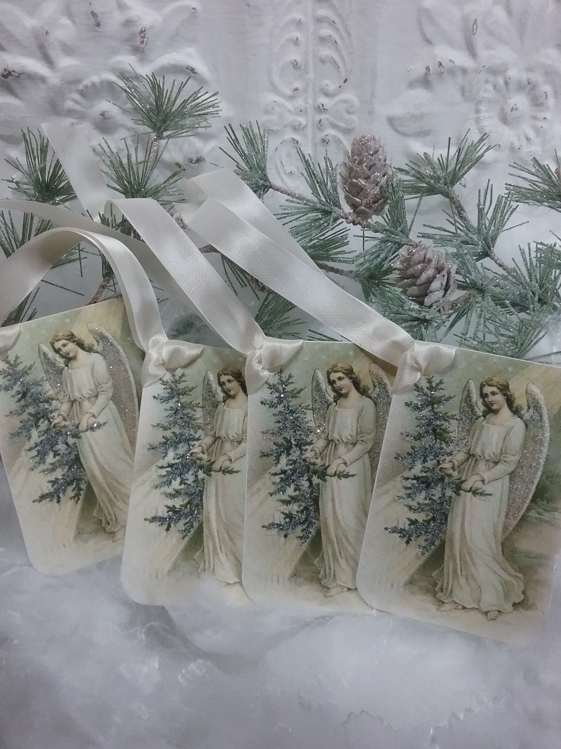 Victorian Snow Angel With Tree Glittered Gift Tags, Christmas Angel ...