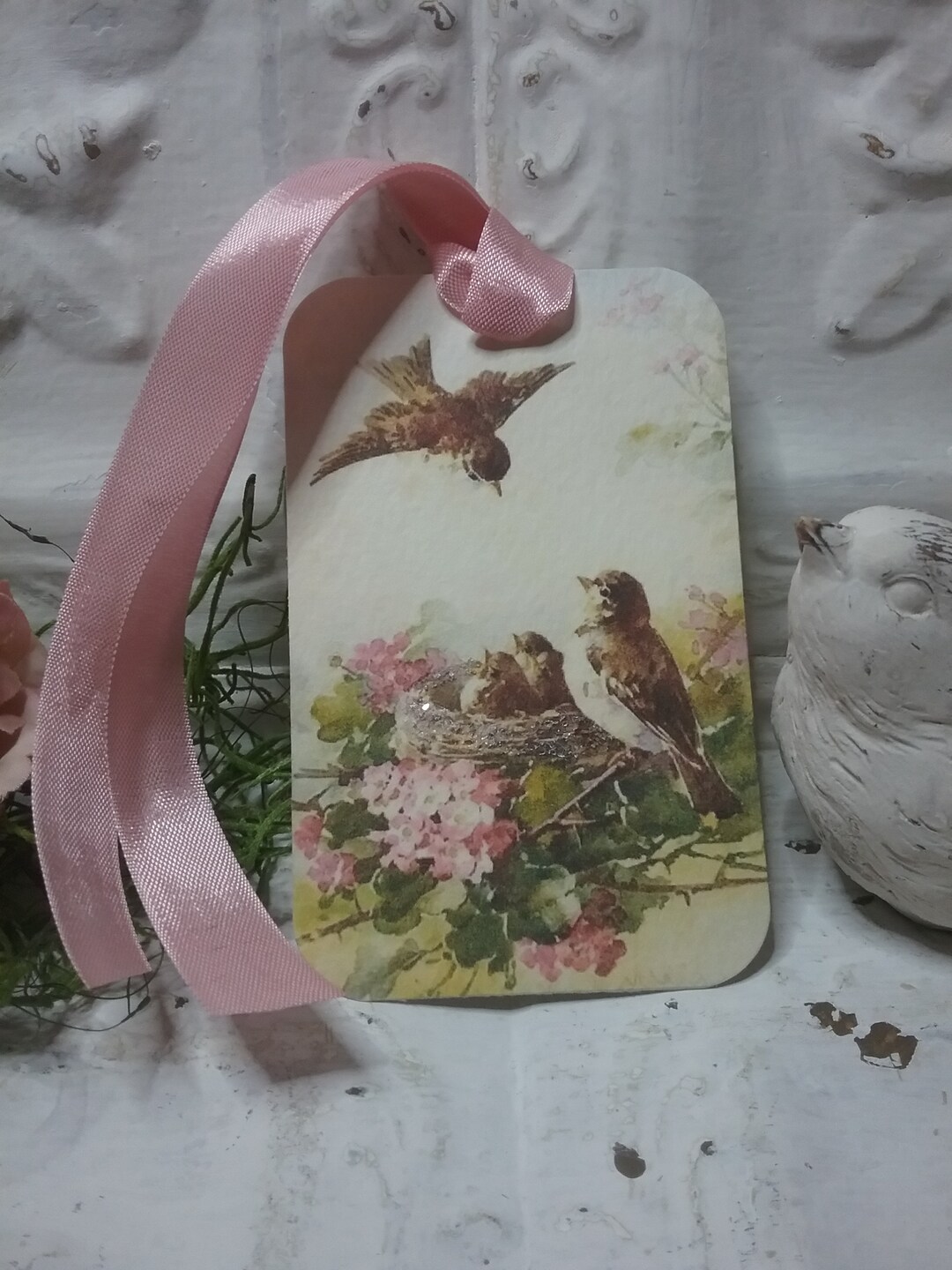 Birds in Nest Gift Tags, Glittered Cottage Chic Hang Tags, Set of Four ...