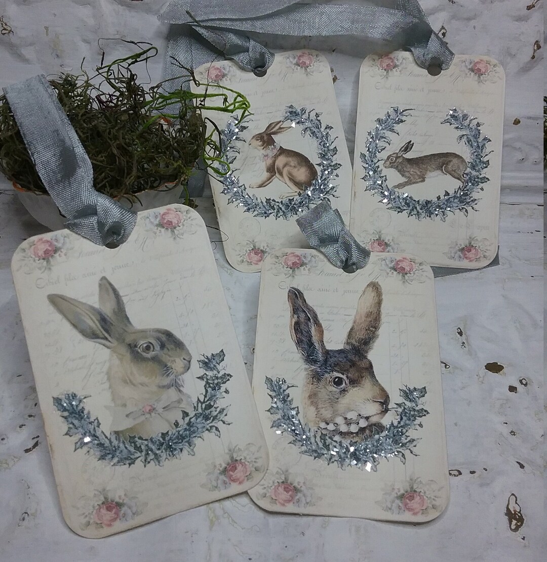 Easter Bunny Gift Tags, French Rabbit Glittered Tags, Set of 4 - Etsy