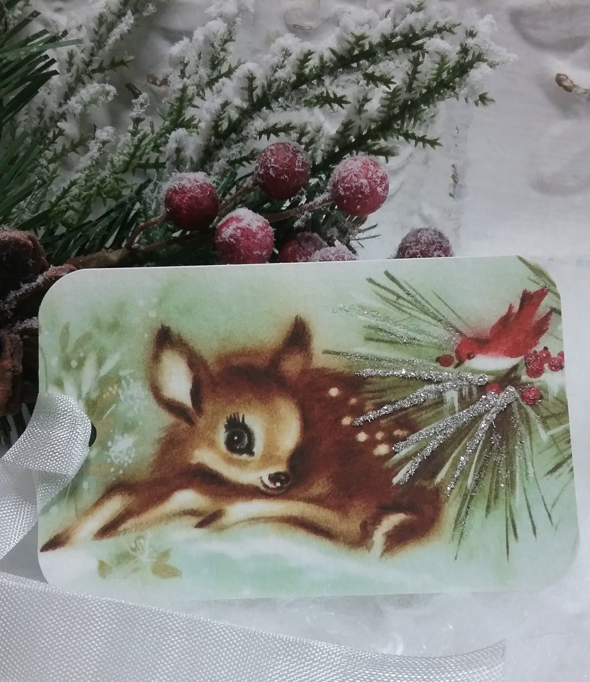 Vintage Baby Deer Glittered Tags, Christmas Reindeer Gift Tags, Set of ...
