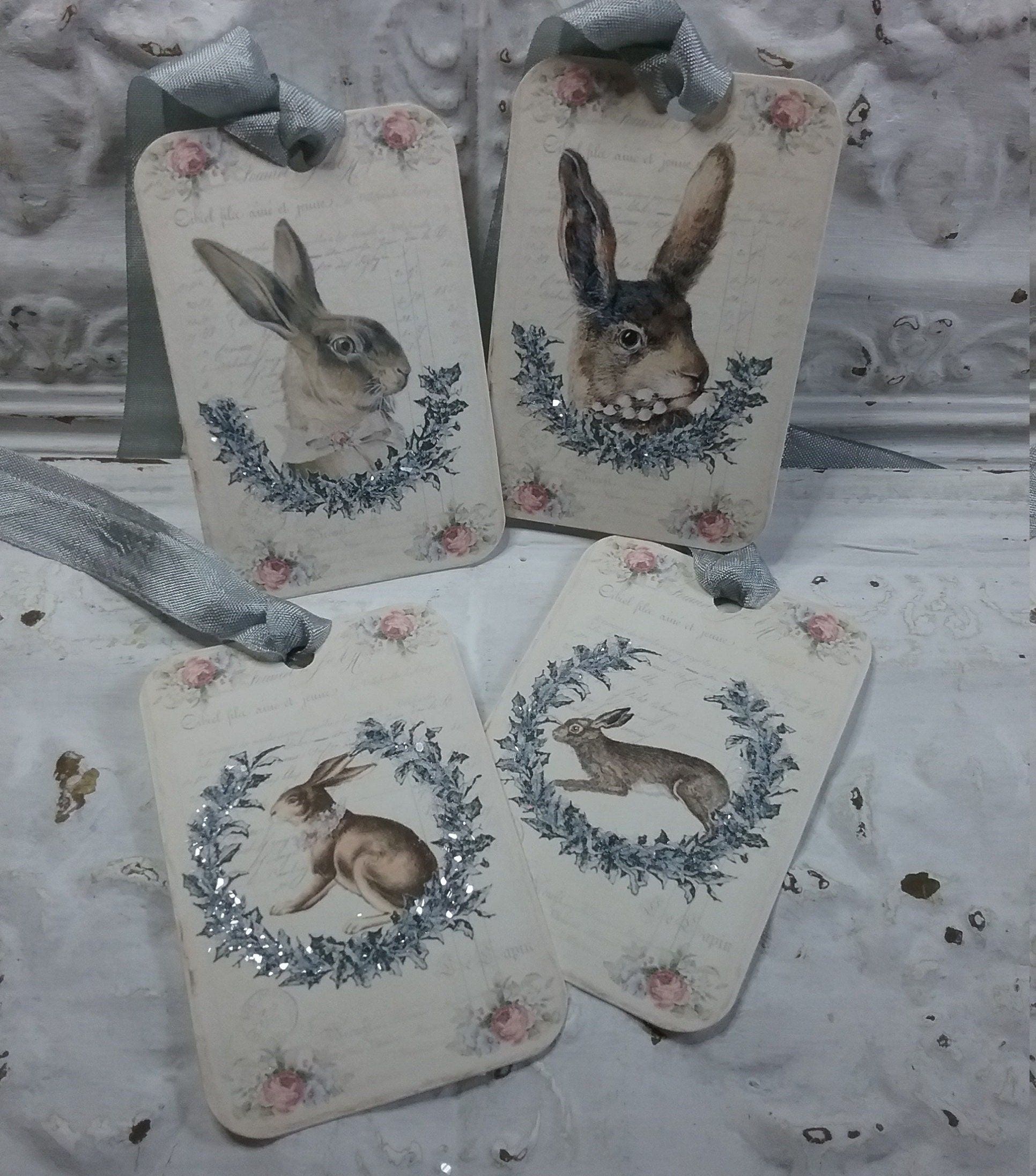 Easter Bunny Gift Tags, French Rabbit Glittered Tags, Set of 4 - Etsy