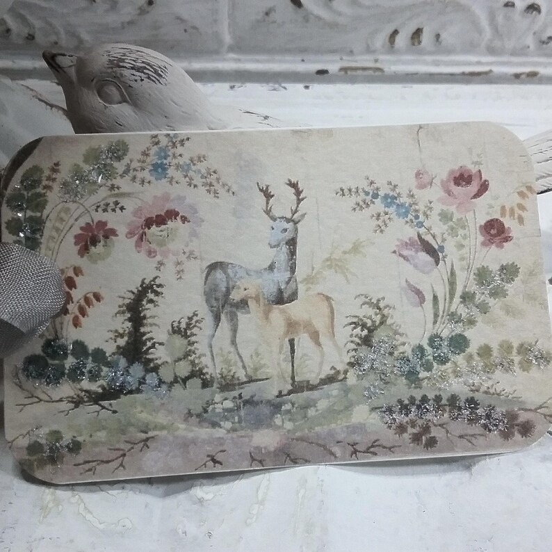 French Deer Gift Tags, Floral Forest Scene, Set of Four - Etsy