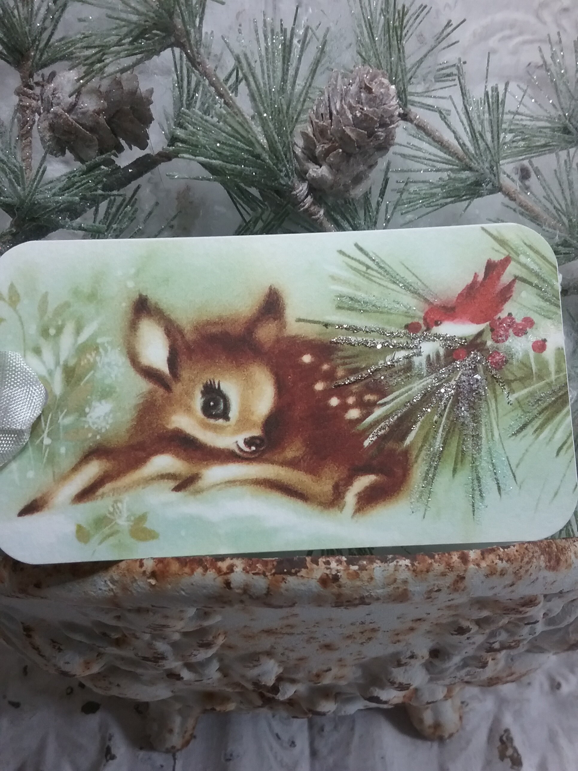 Vintage Baby Deer Glittered Tags, Christmas Reindeer Gift Tags, Set of ...