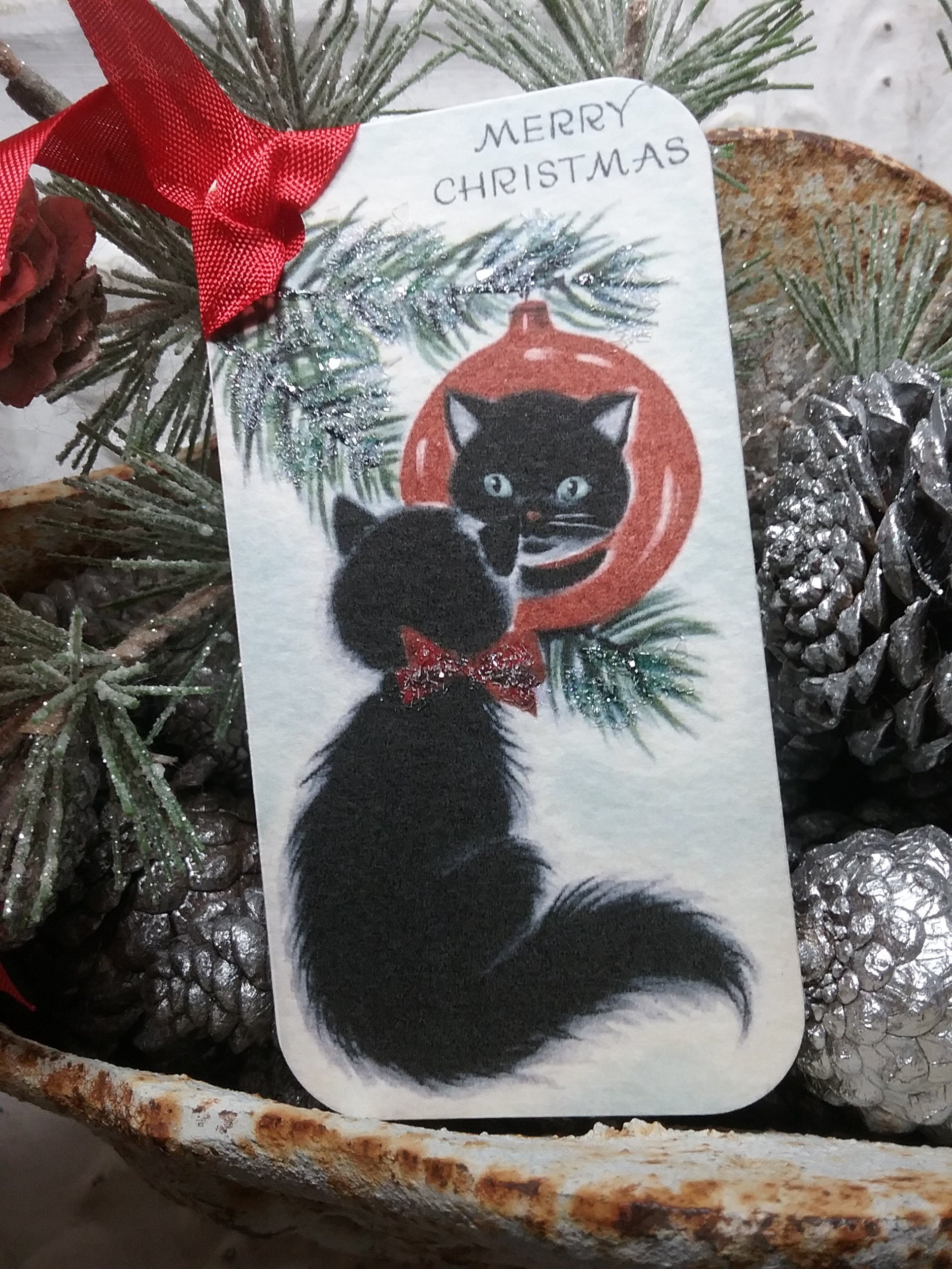 Vintage Christmas Kitty Cat Glitter Gift Tags, Cute Kitty Sees ...