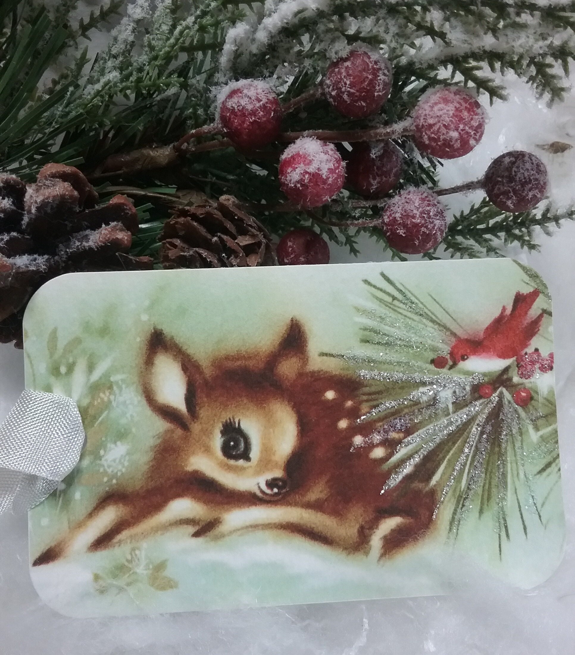 Vintage Baby Deer Glittered Tags, Christmas Reindeer Gift Tags, Set of ...