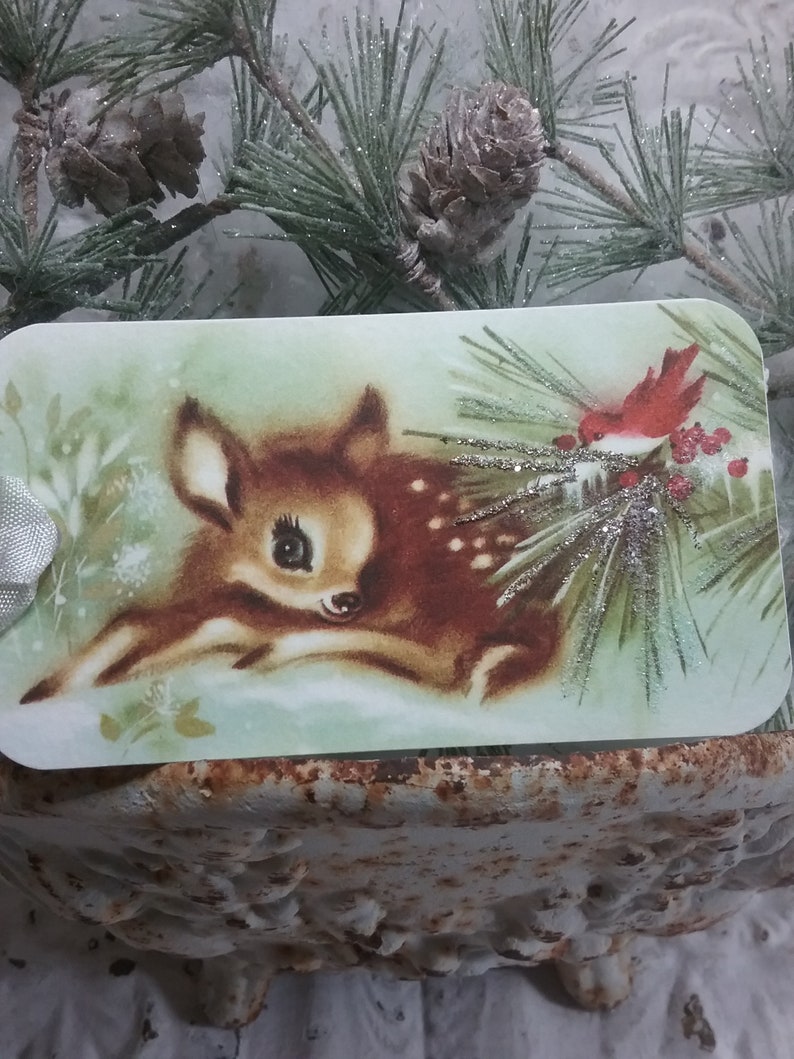 Vintage Baby Deer Glittered Tags, Christmas Reindeer Gift Tags, Set of ...