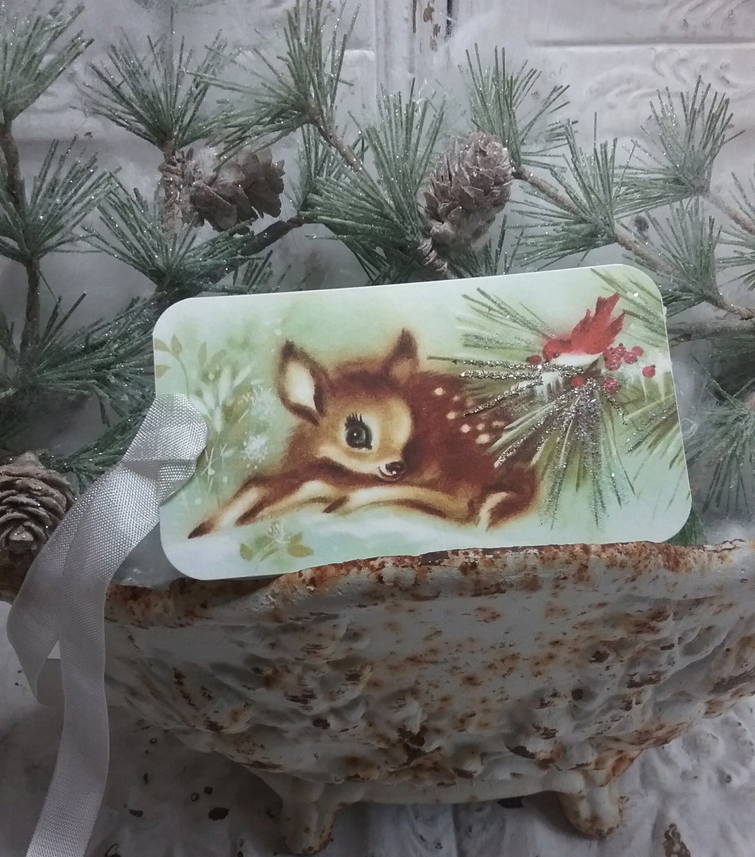 Vintage Baby Deer Glittered Tags, Christmas Reindeer Gift Tags, Set of ...