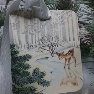 Deer in the Snow Gift Tags, Vintage Style Christmas Glittered Gift Tags ...