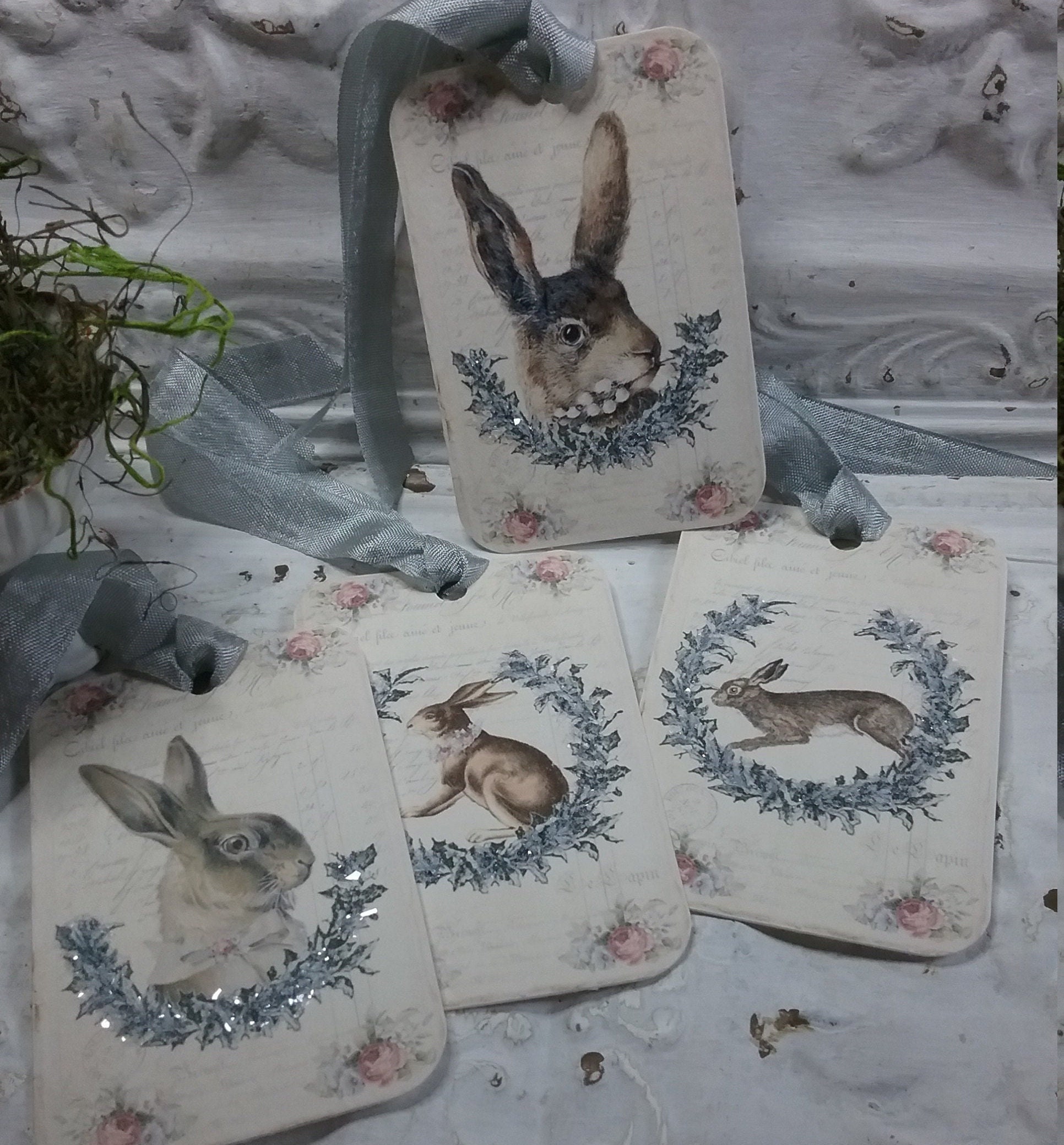 Easter Bunny Gift Tags, French Rabbit Glittered Tags, Set of Four - Etsy