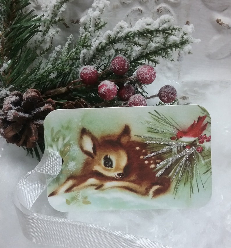 Vintage Baby Deer Glittered Tags, Christmas Reindeer Gift Tags, Set of ...