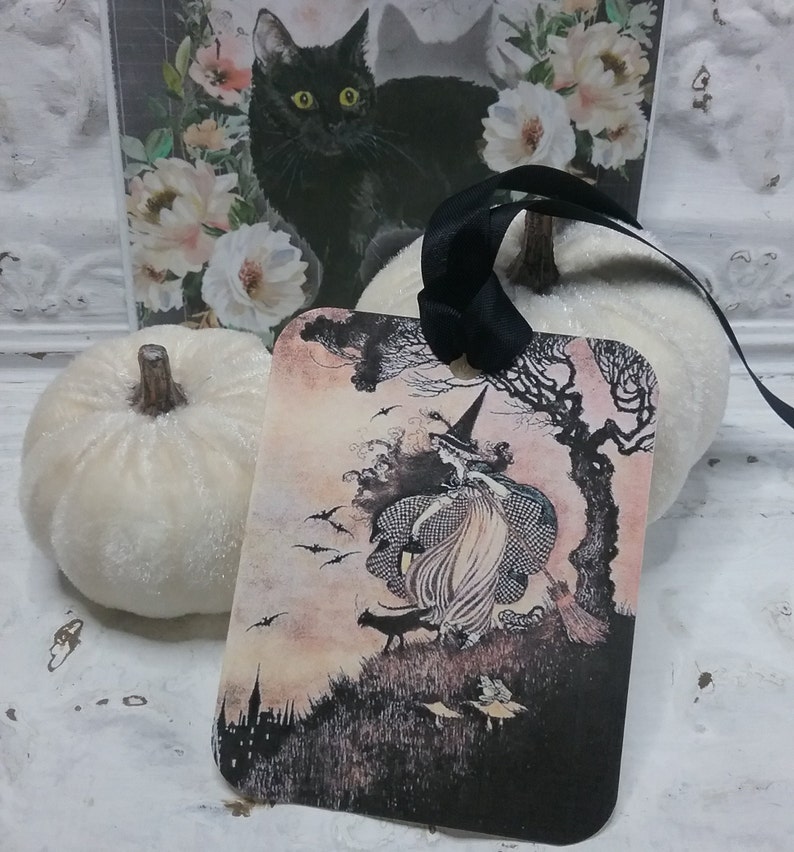 Halloween Gift Tags Pretty Fairy Witch Black Cat on A Hill - Etsy