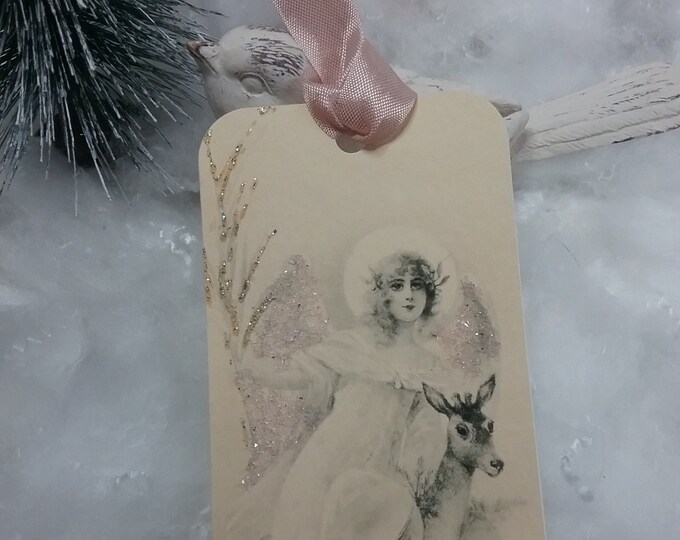 Victorian Angel and Deer Glitter Gift Tags, Shabby Chic Christmas Angel ...