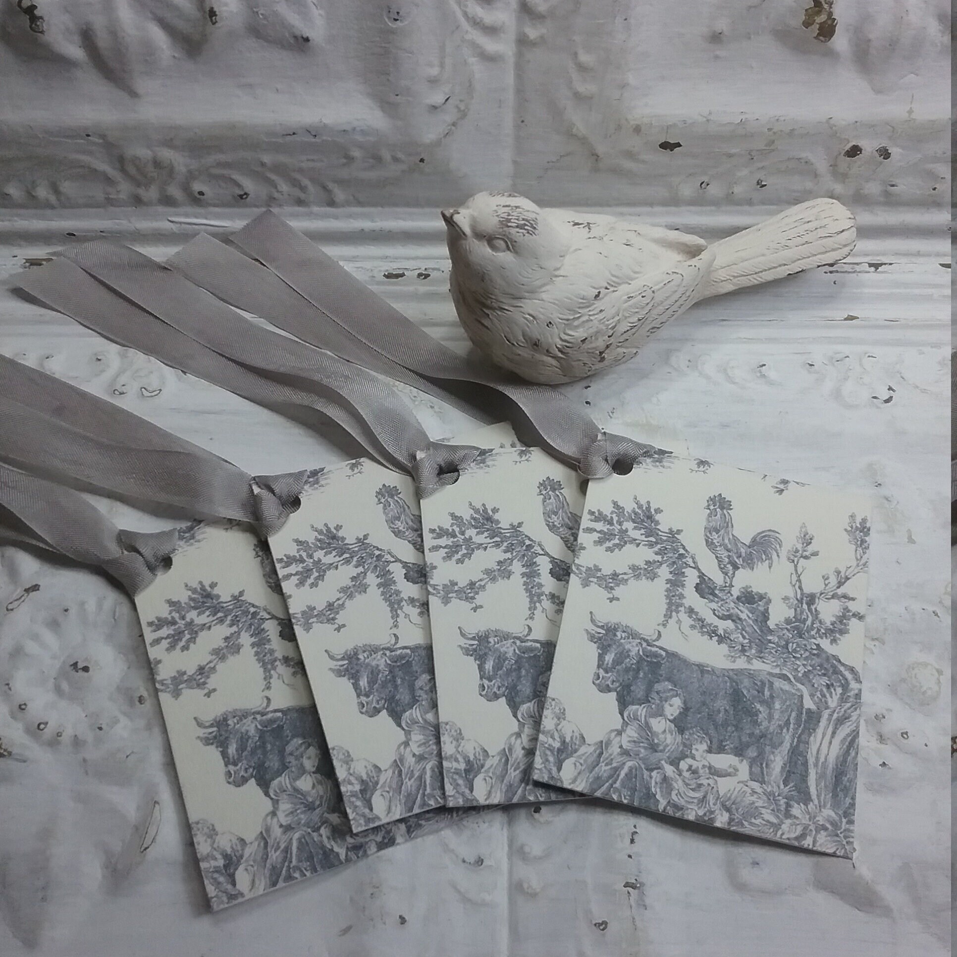 French Toile Gift Tags, Maiden With Cow and Rooster, Shabby Chic Toile ...