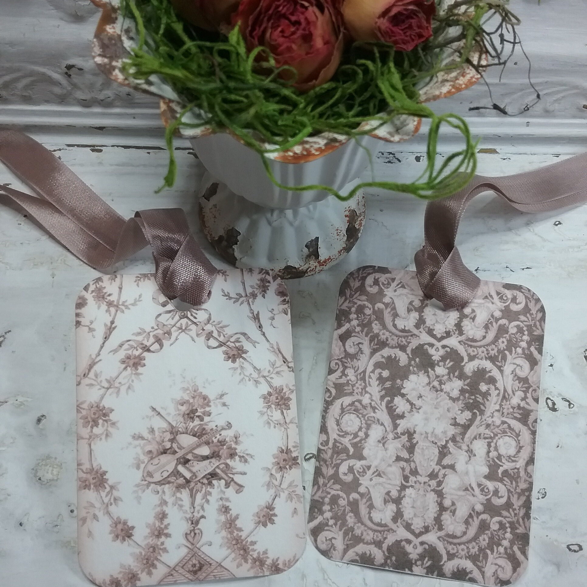 French Toile Gift Tags, Cottage Chic Pastoral Scene Tags, Set of Five ...