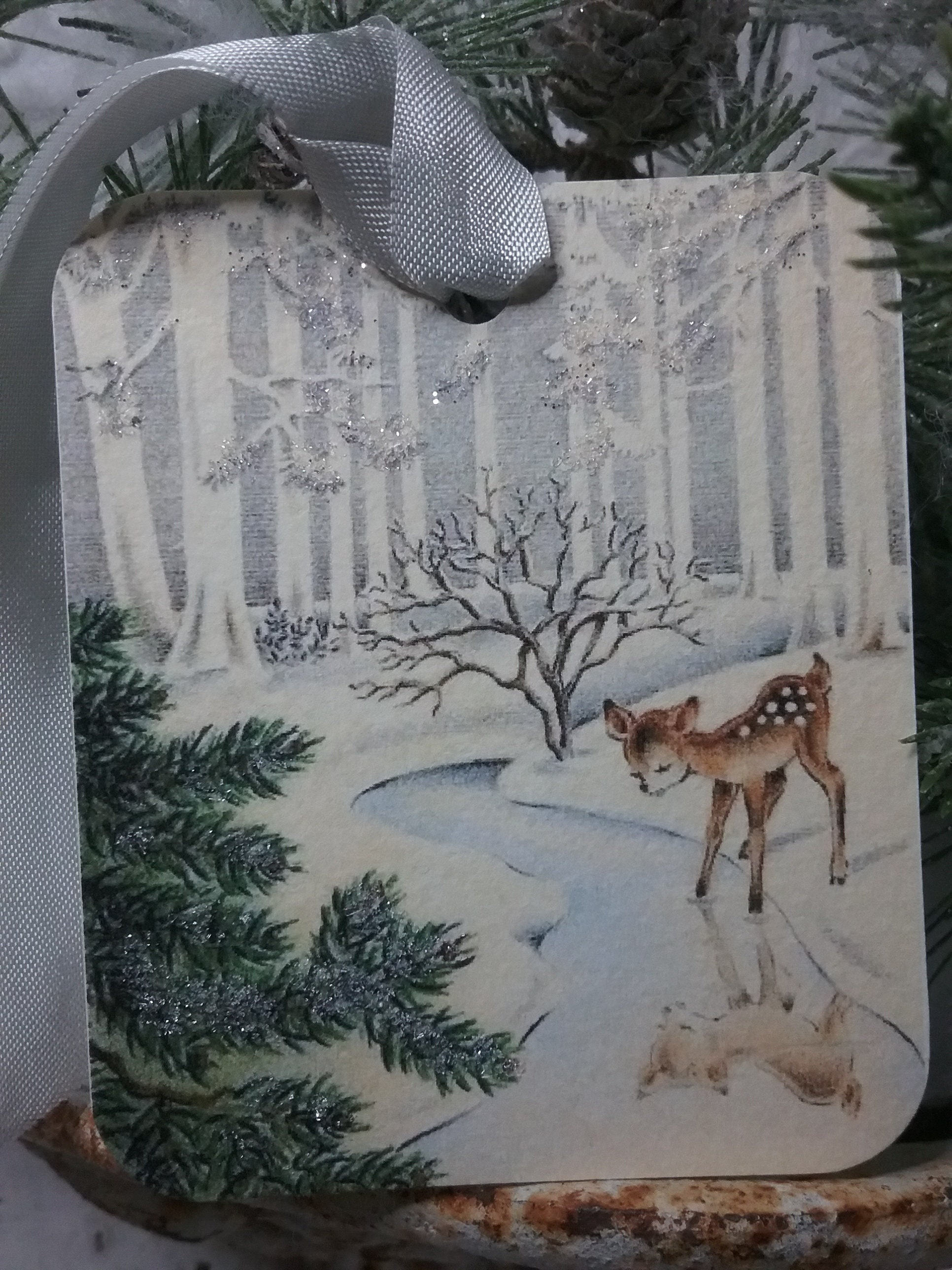 Vintage Baby Deer Christmas Gift Tags, Glittered Winter Forest, Set of ...