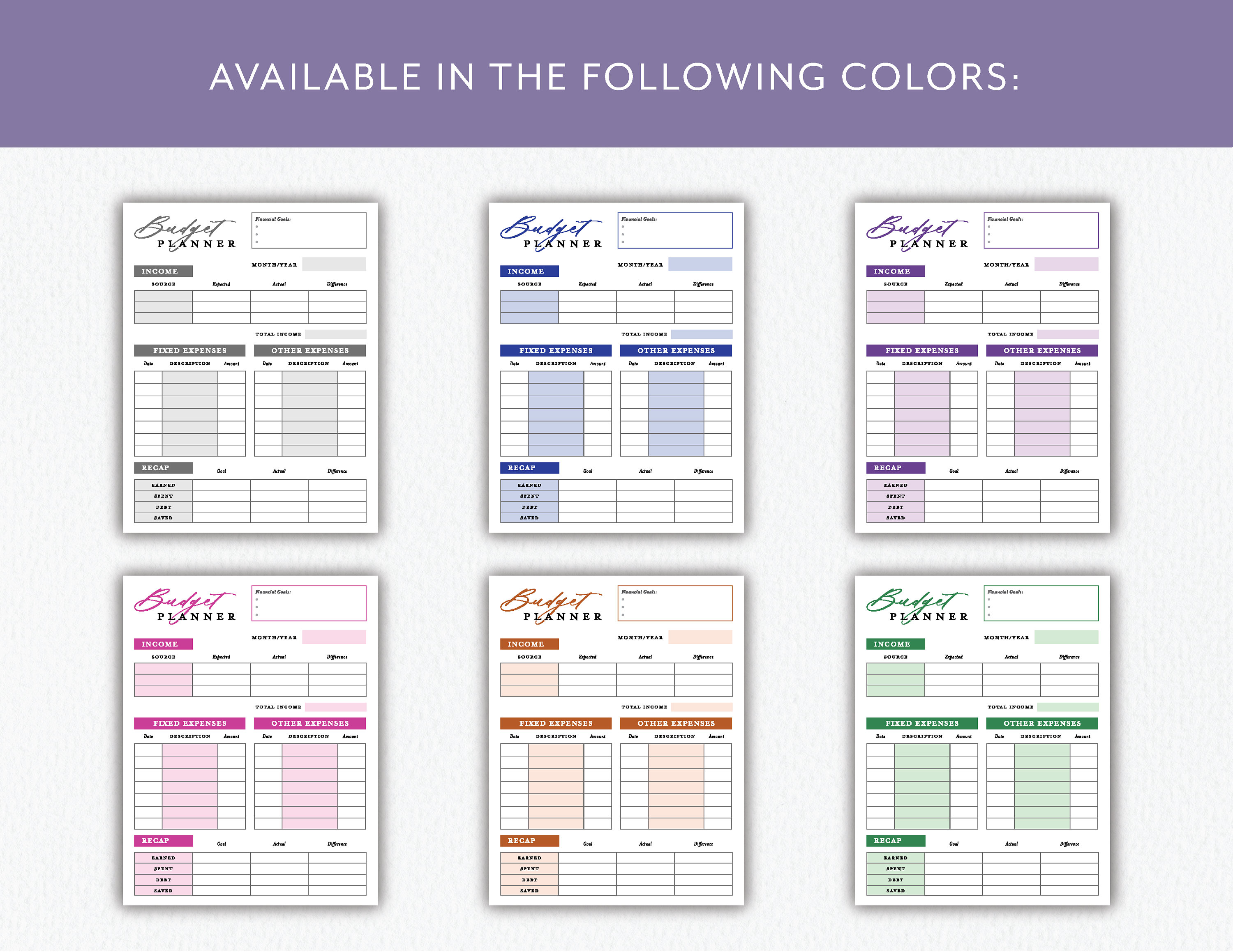 Monthly Budget Printable, 6 Colors, Income and Expense Worksheet, Money ...