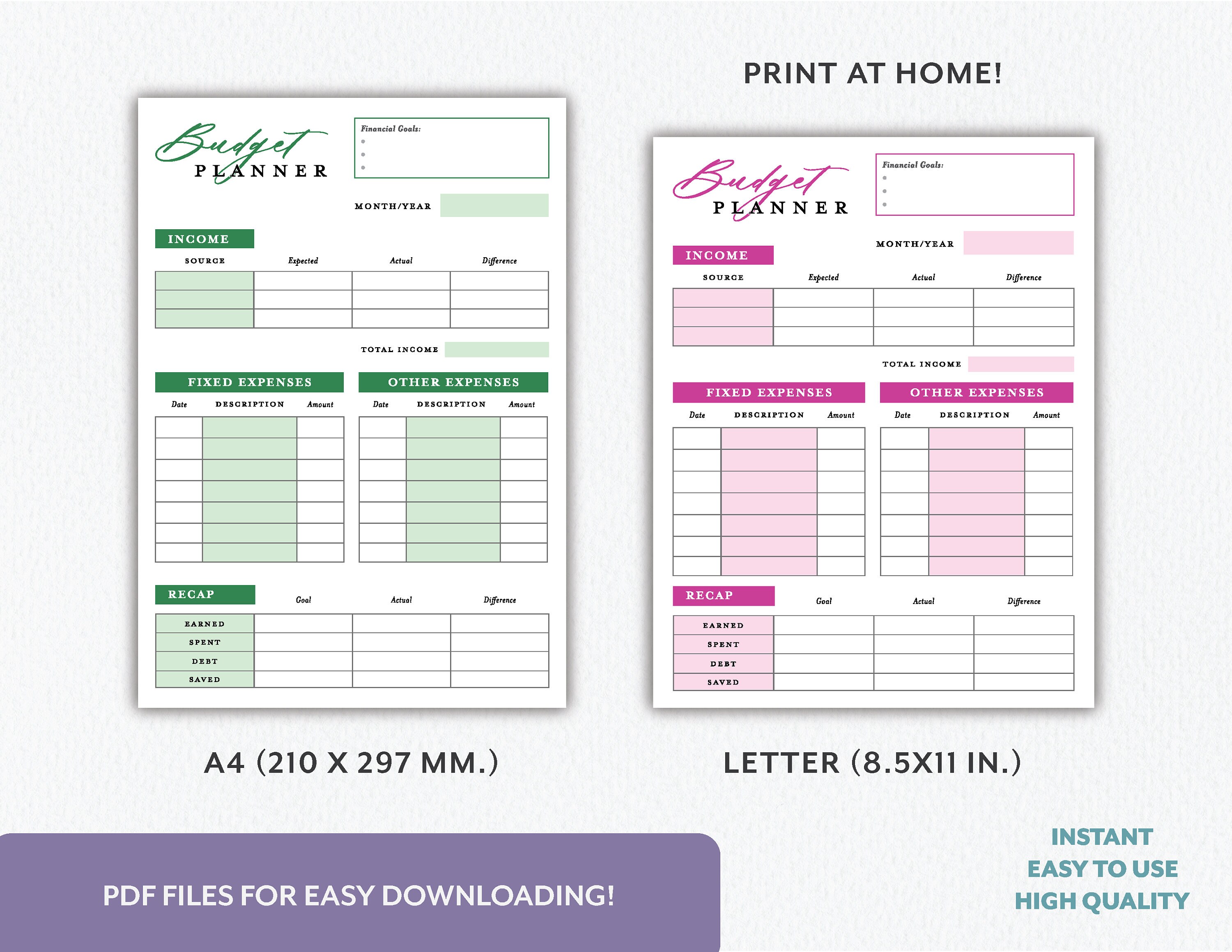 Monthly Budget Printable, 6 Colors, Income and Expense Worksheet, Money ...