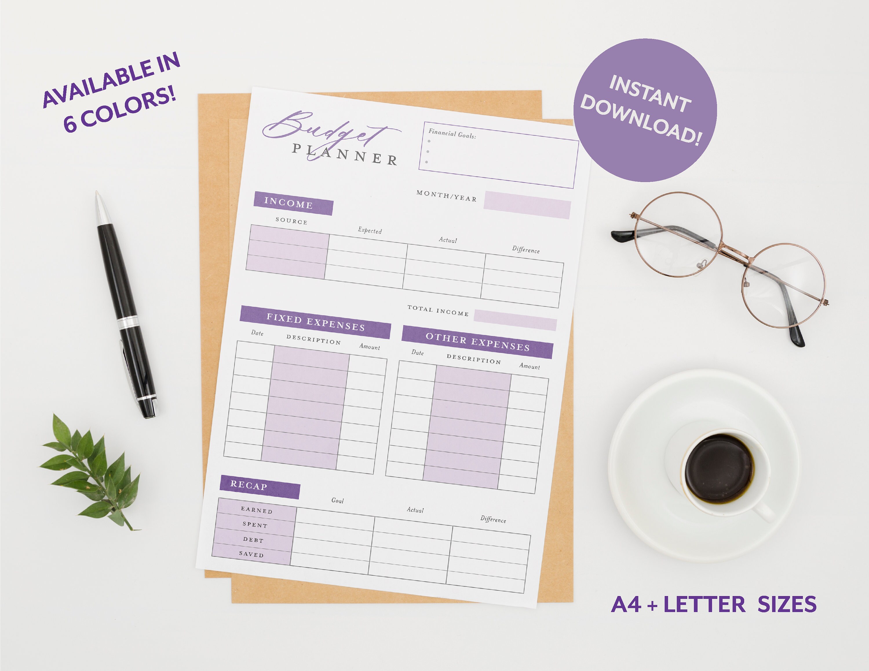 Monthly Budget Printable, 6 Colors, Income and Expense Worksheet, Money ...